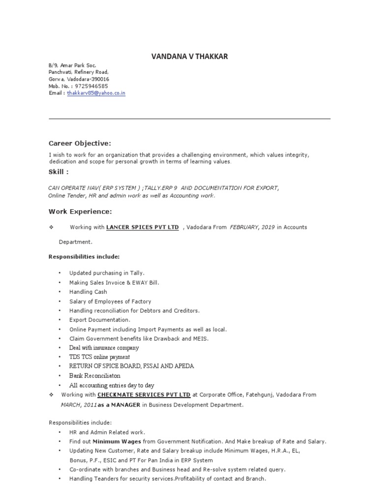 Vandana V Thakkar: Career Objective | PDF | Invoice | Salary