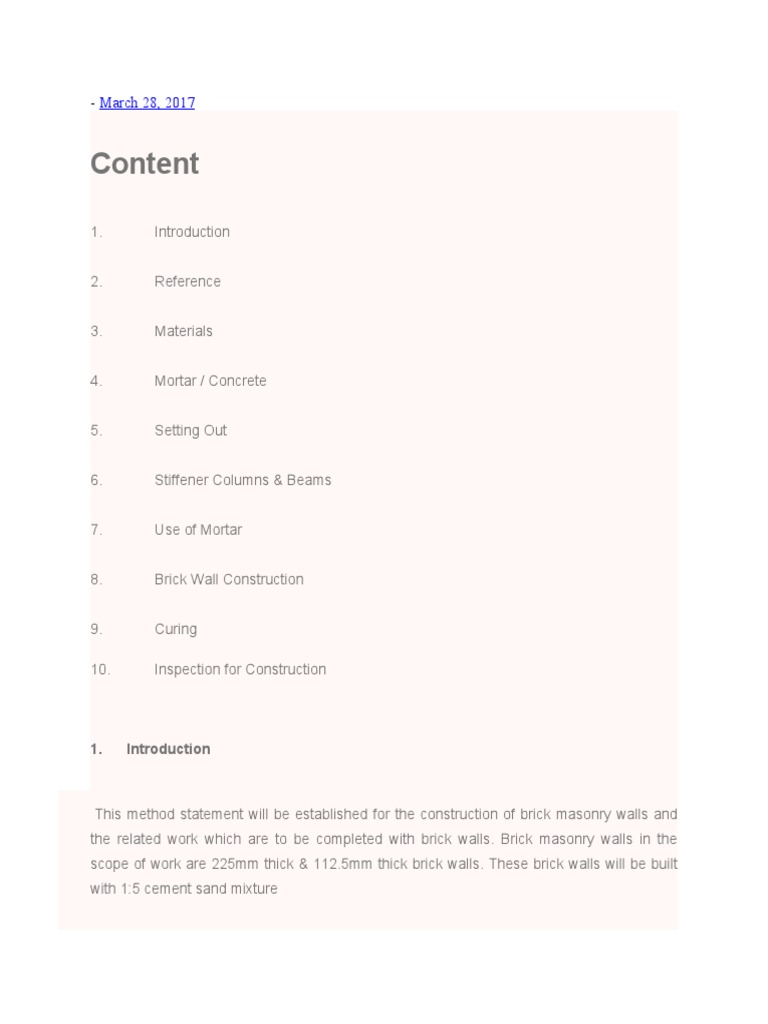Method Statement of Brick Masonary Work | PDF | Concrete | Mortar (Masonry)