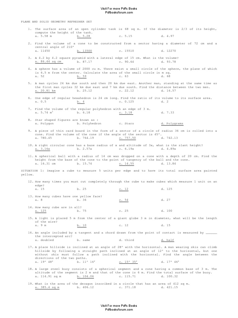 Plane and Solid Geometry Refresher | PDF | Sphere | Area