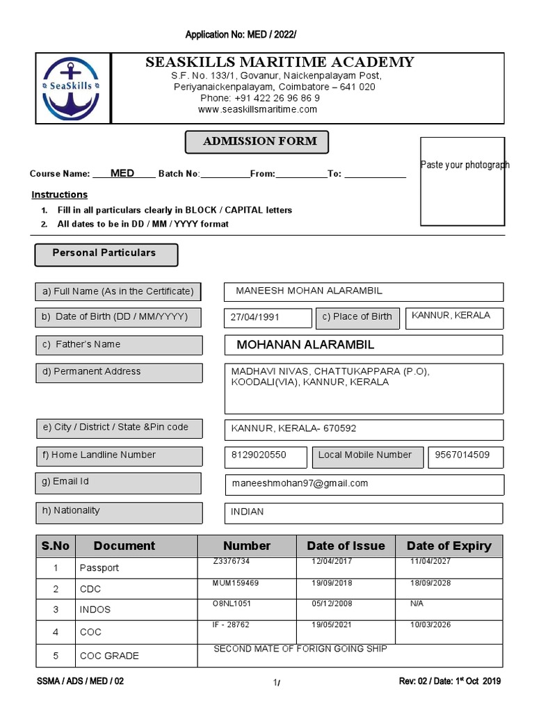 Seaskills Maritime Academy: Admission Form | PDF | Government And ...