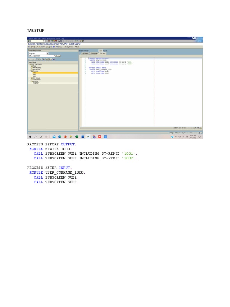 Program for Creating a Tab Strip Container with Two Subscreens in ABAP | PDF