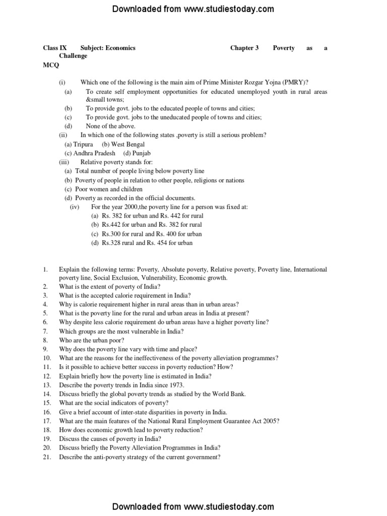 CBSE Class 9 Economics Poverty As A Challenge Worksheet | PDF | Poverty ...
