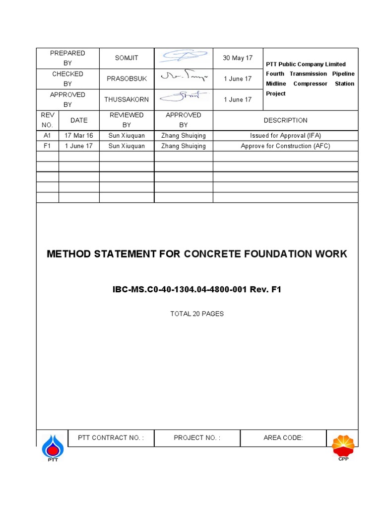 Method Statement For Concrete Foundation Work | PDF | Concrete | Deep ...