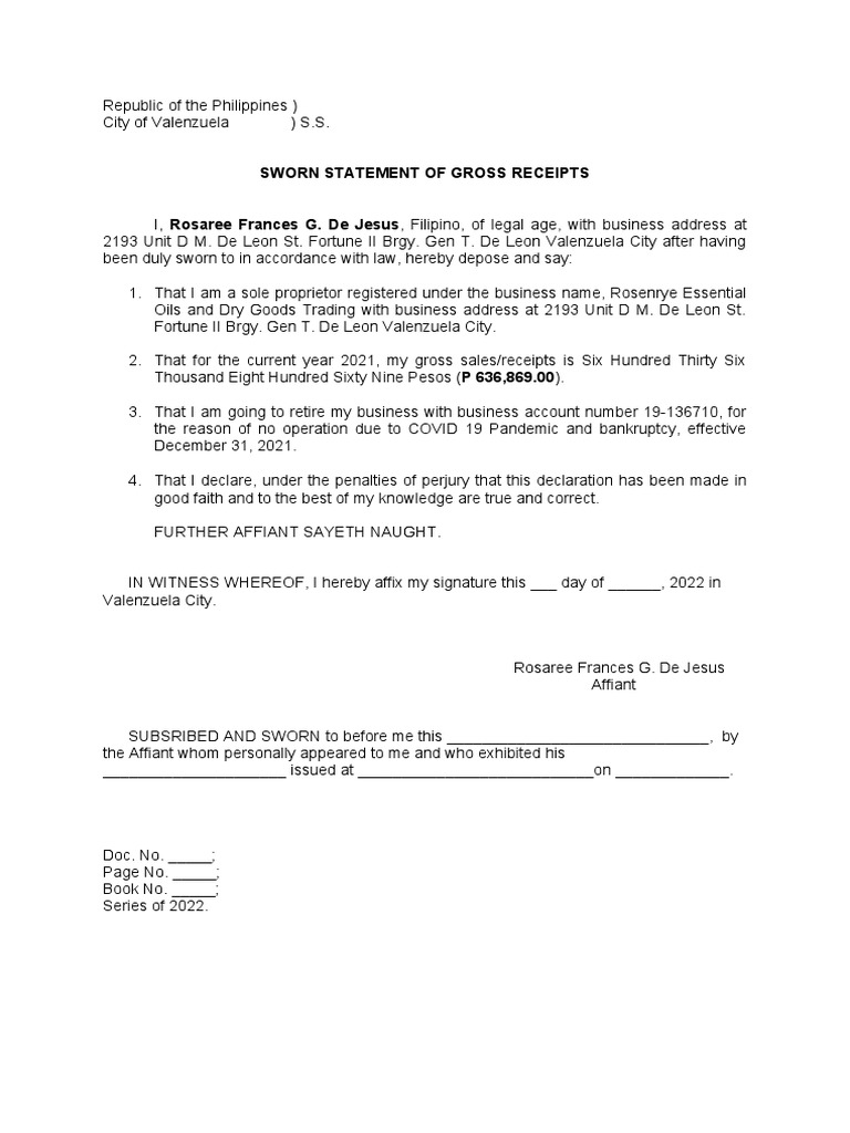Sworn Statement of Gross Receipts | PDF