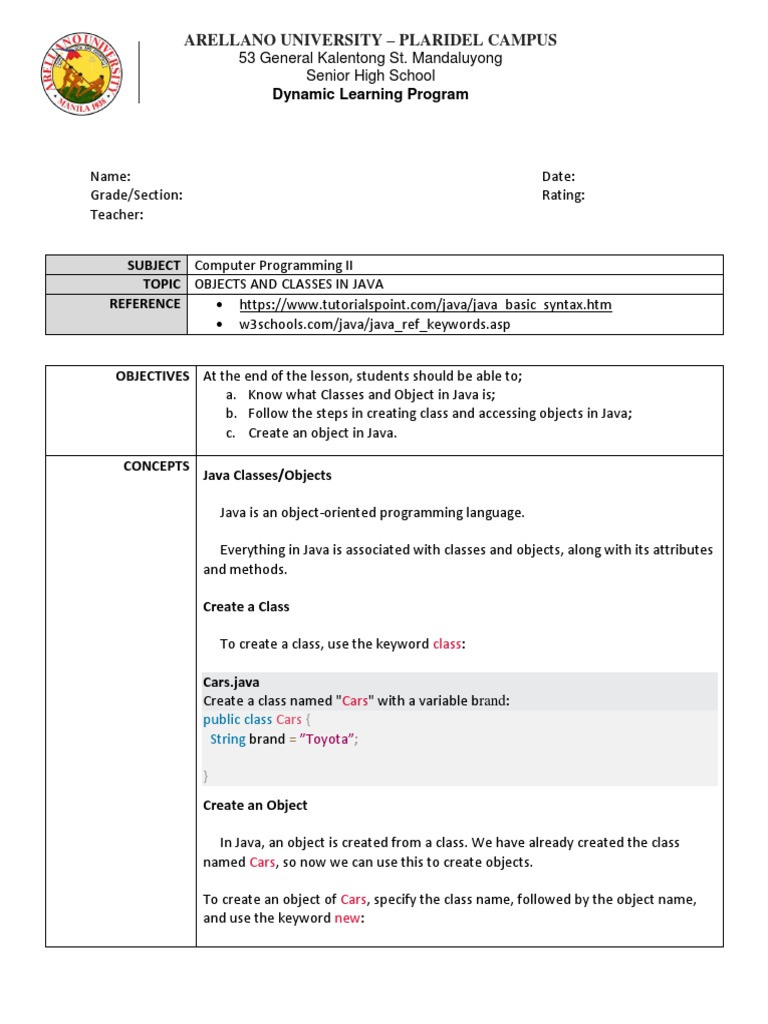 Lesson11 Dlp12 Objects And Classes Pdf Class Computer Programming Object Computer 3781