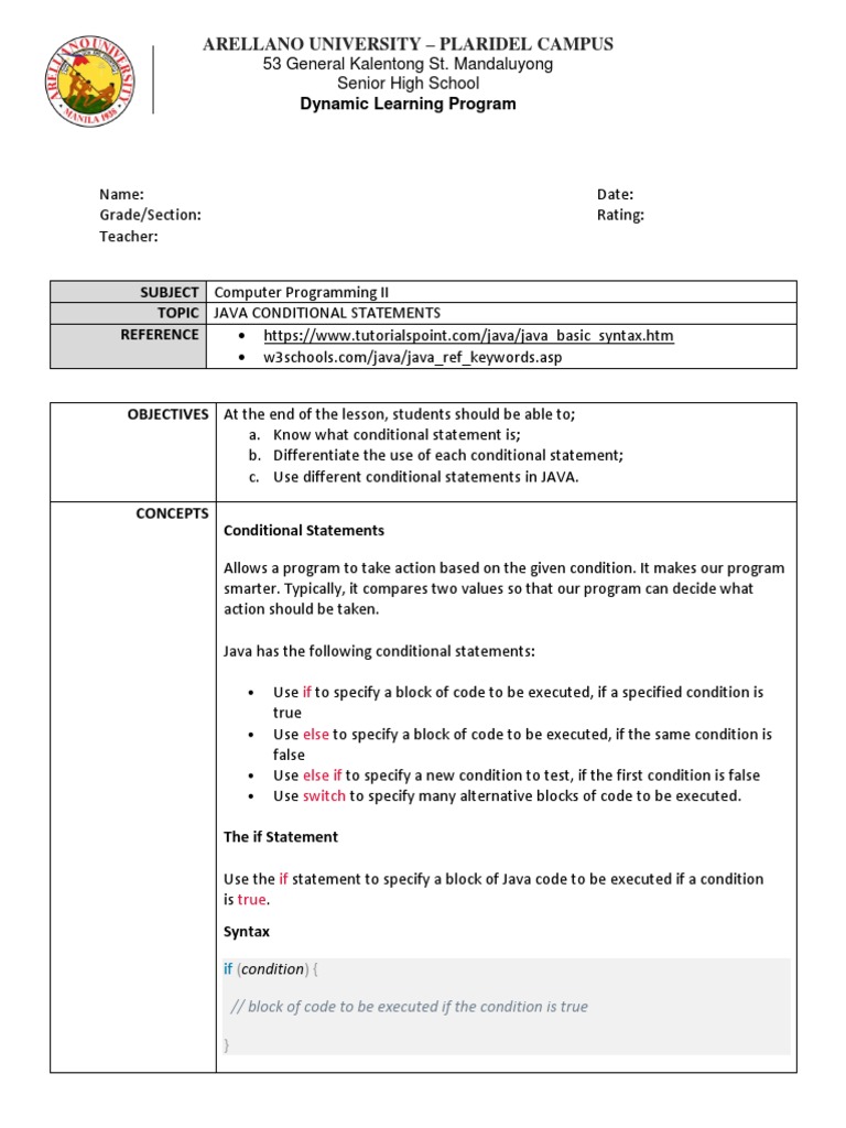 Lesson13 - DLP14 - Java Conditional Statements | PDF | Computer ... Lesson13 - DLP14 - Java Conditional Statements | PDF | Computer ...