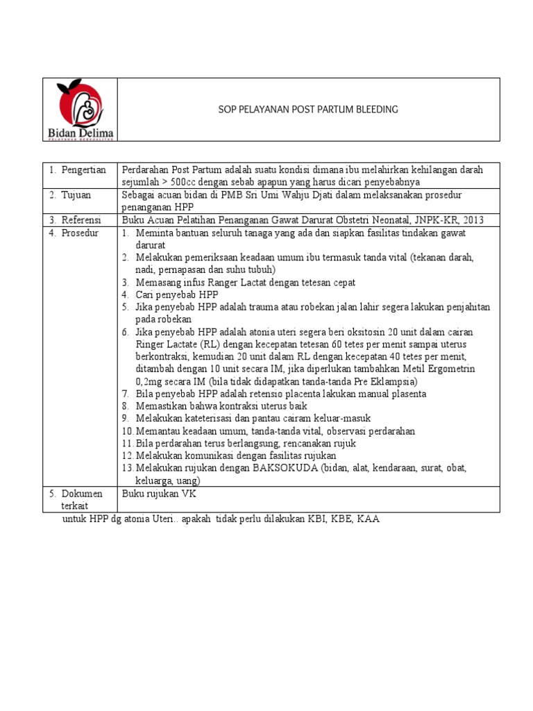 9.sop Pelayanan Post Partum Bleeding | PDF