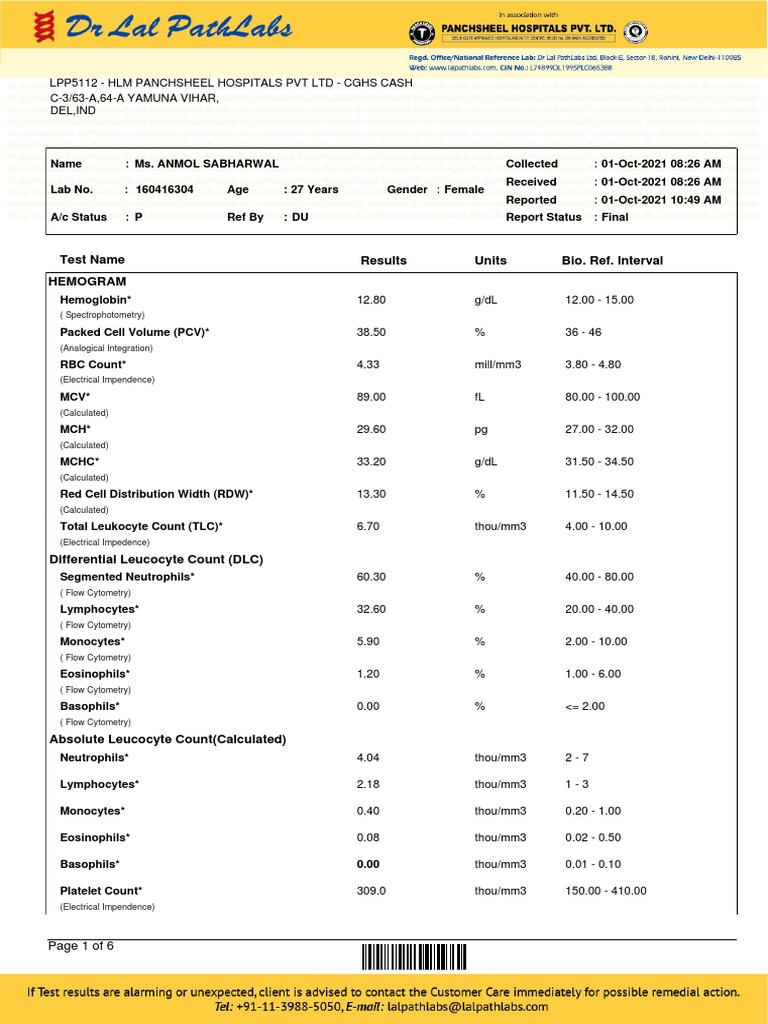 Hemogram Test Name Units Results Bio. Ref. Interval: Page 1 of 6 | PDF ...