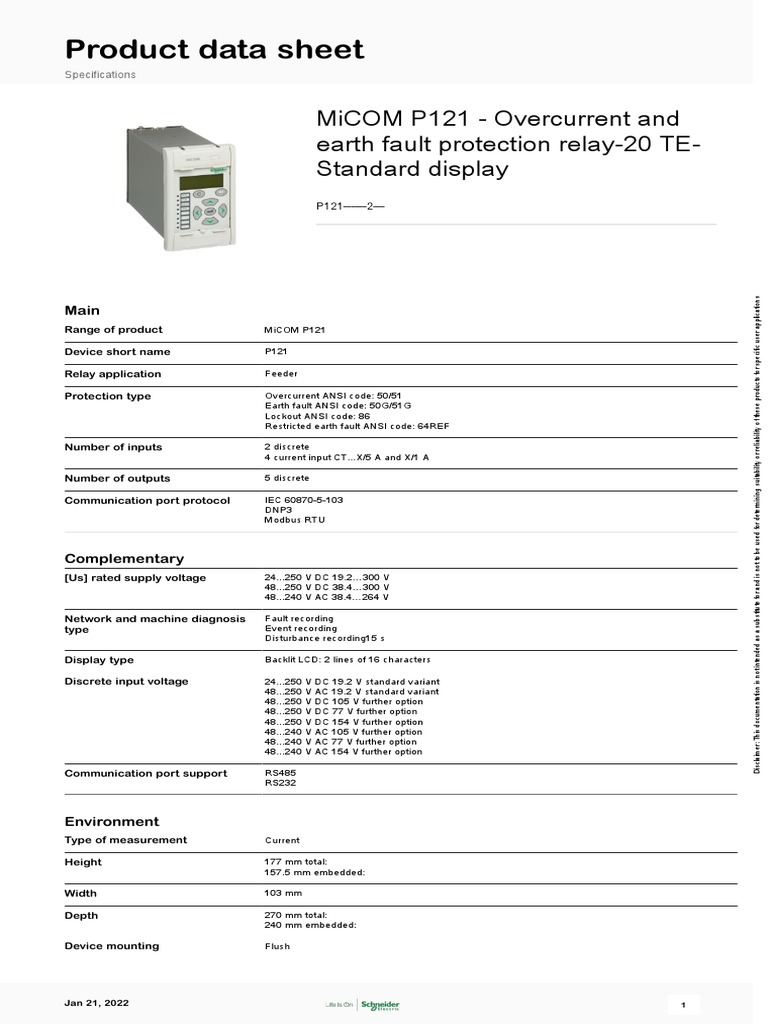 Product Data Sheet: Micom P123 Overcurrent And Earth Fault