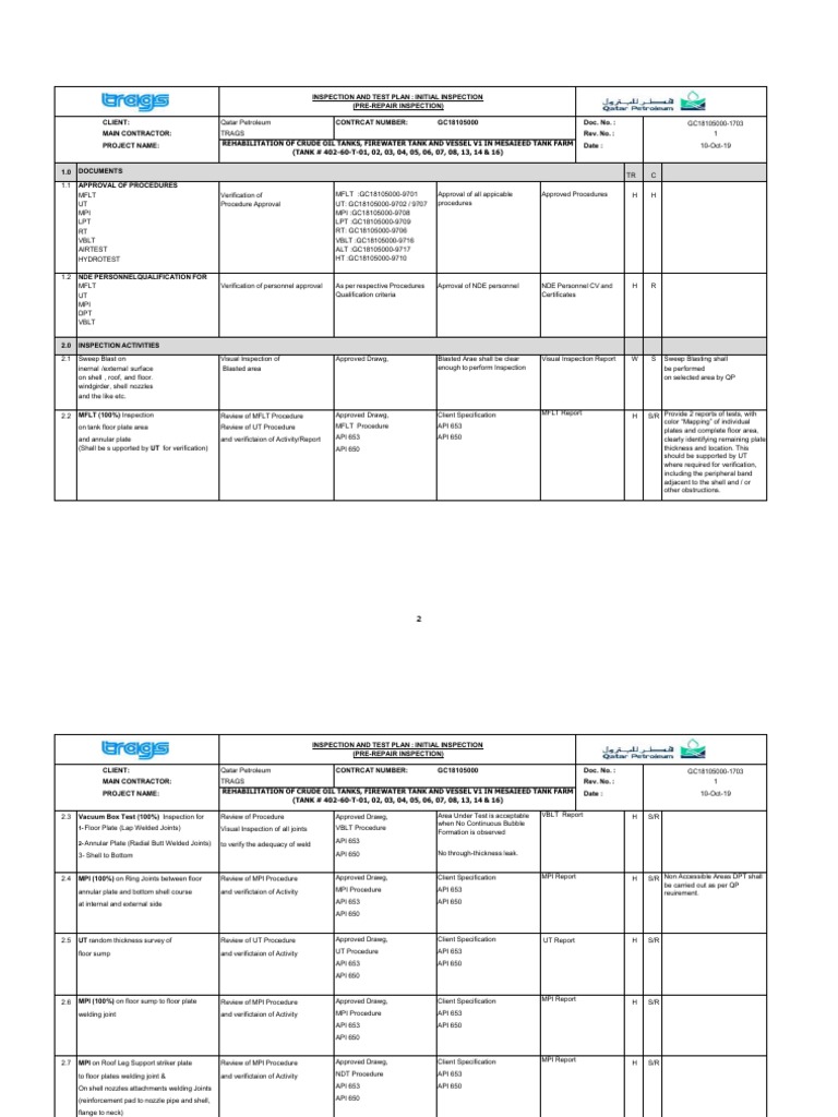 Pre Inspection ITP | PDF | Mechanical Engineering