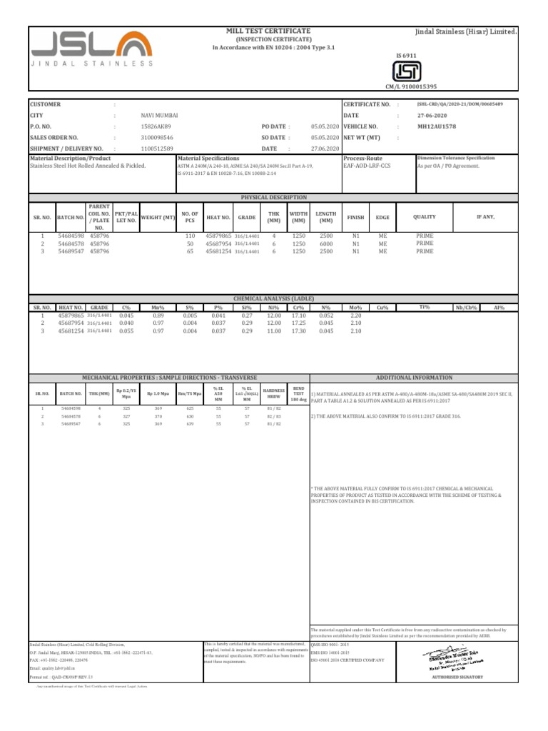Mill Test Certificate: Jindal Stainless (Hisar) Limited | Download Free ...