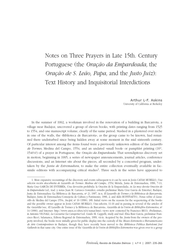 Notes On Three Prayers in Late 15th. Century Portuguese (The Oração Da ...