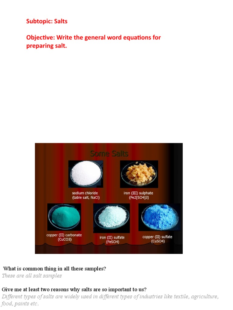 Subtopic: Salts Objective: Write The General Word Equations For ...