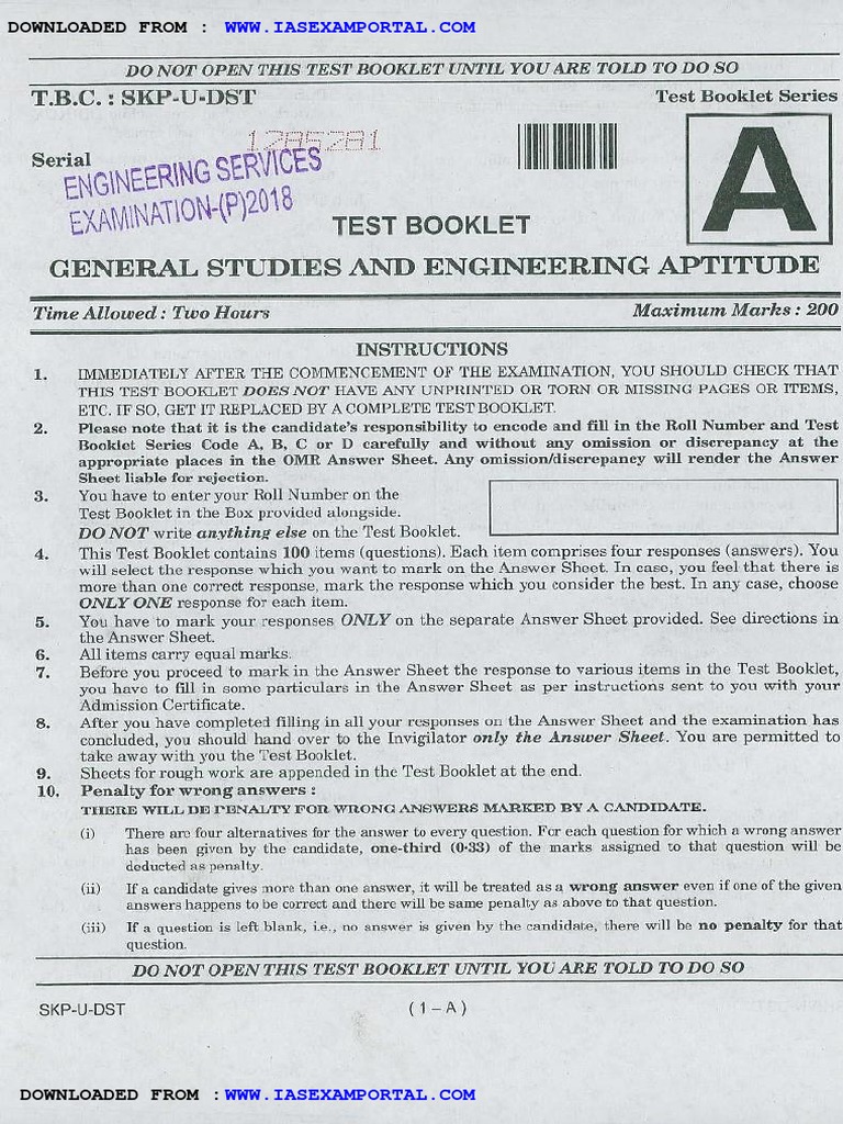 Ies Exam Paper 2018 General Studies and Engineering Aptitude | PDF