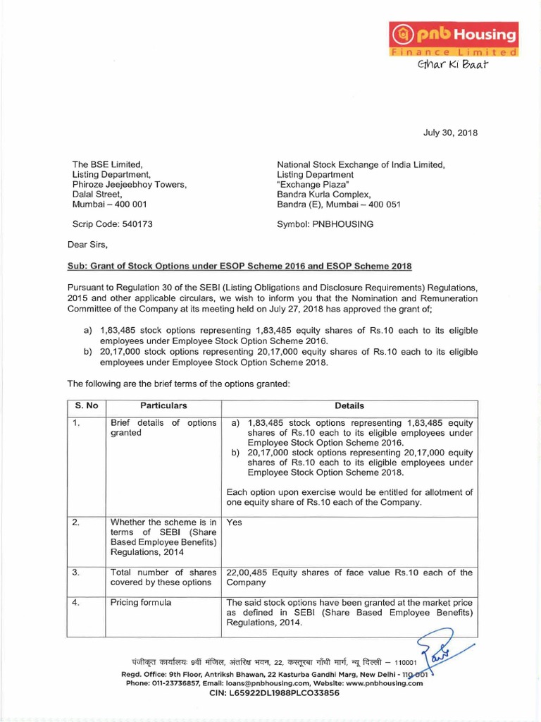 PNBHousing - Grant of Options Under ESOP Scheme | PDF | Employee Stock ...