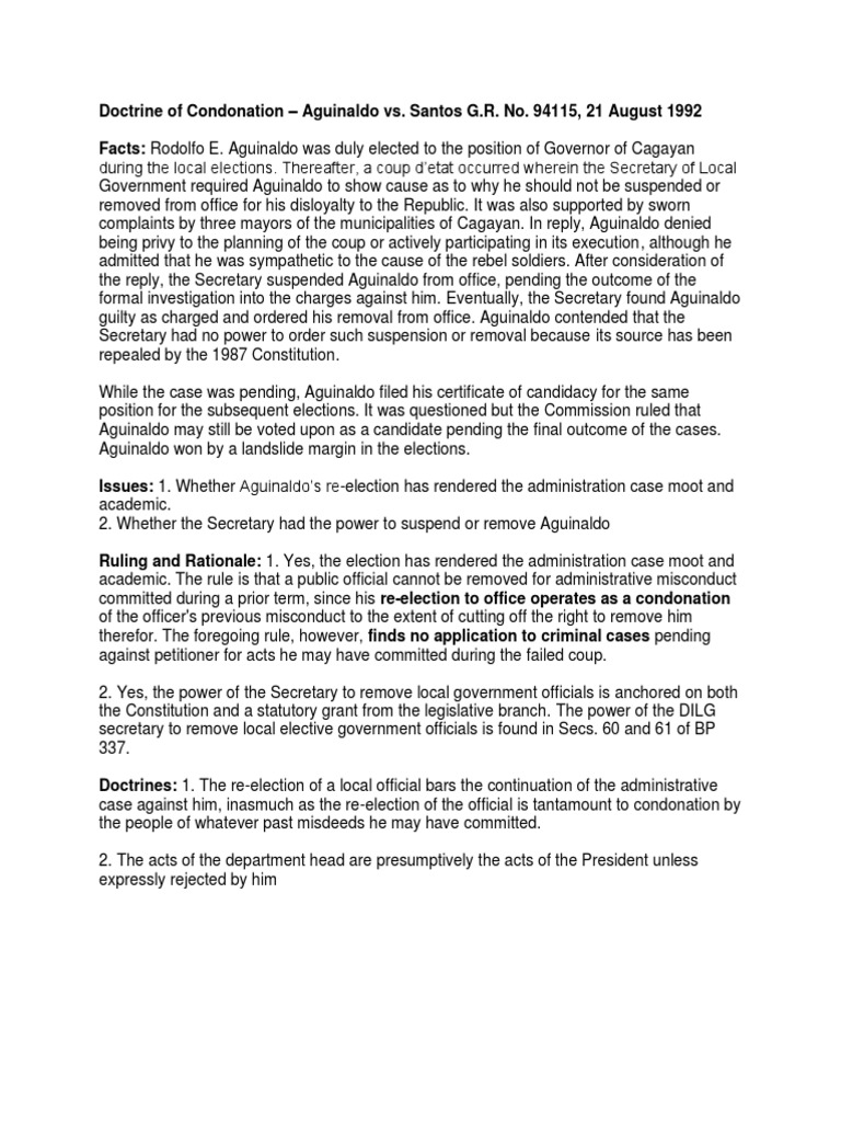 Aguinaldo vs. Santos: Condonation Doctrine | PDF | Mootness | Public Law