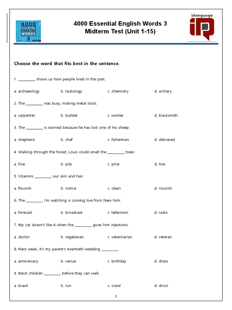 4000 Essential English Words 3 Midterm Test (Unit 1-15) : Choose The ...