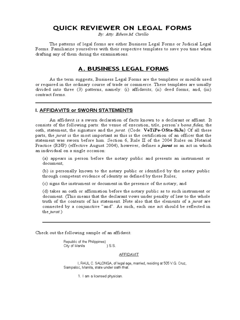 Quick Reviewer On Legal Forms | PDF | Affidavit | Notary Public