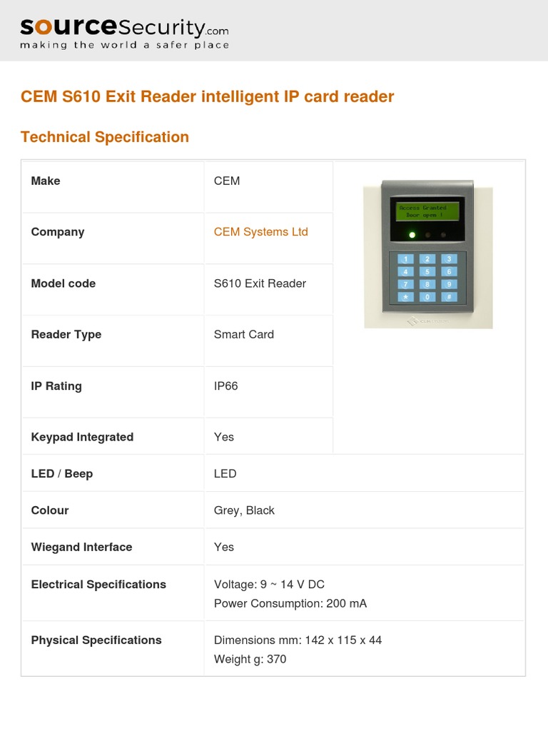 CEM S610 Exit Reader Intelligent IP Card Reader: Technical ...