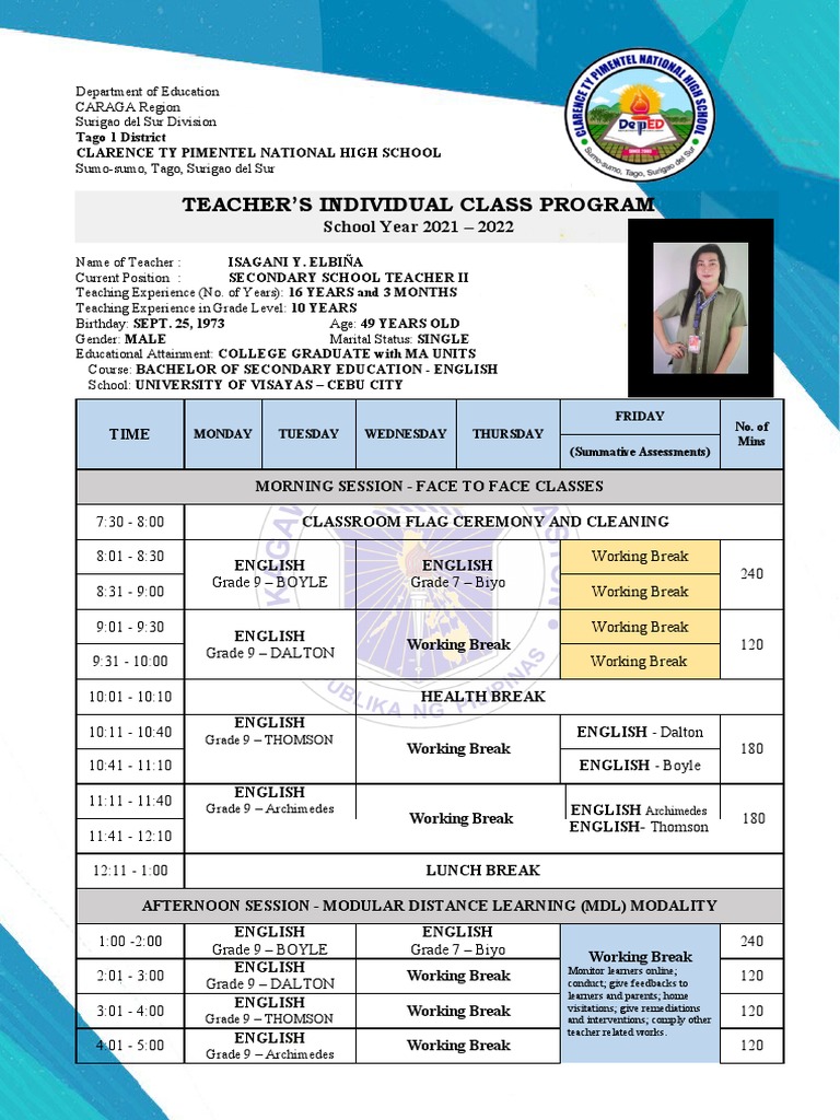 Teacher'S Individual Class Program: School Year 2021 - 2022 | PDF ...