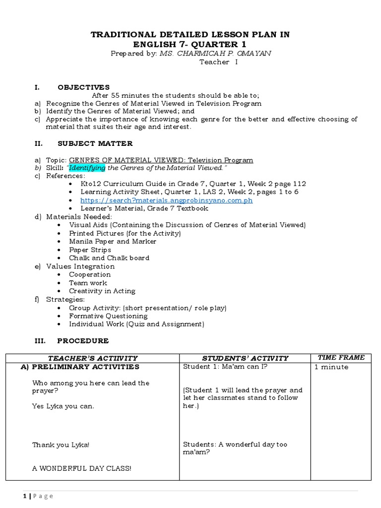 Traditional Detailed Lesson Plan: English 7 | PDF | Lesson Plan | Cognition