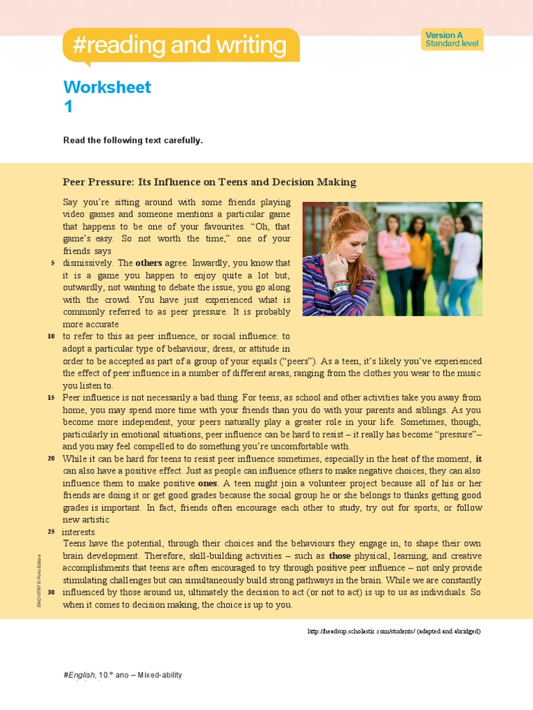 Worksheet 1: Peer Pressure: Its Influence On Teens and Decision Making ...
