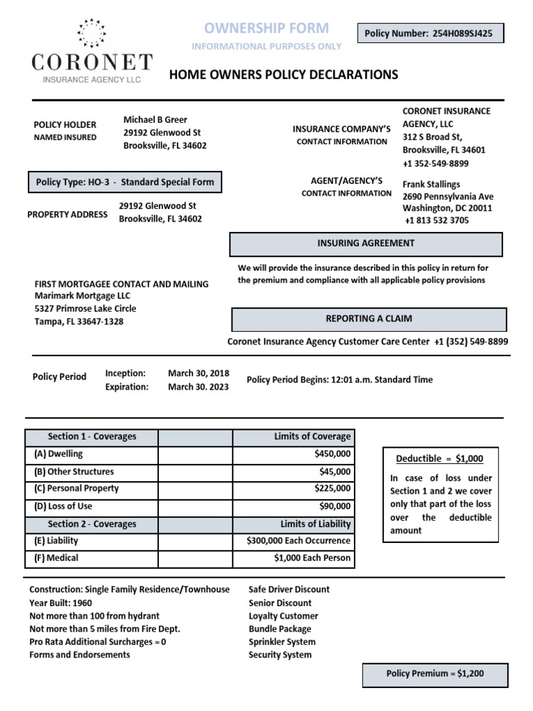Declaration Page Sample Homeowners 12 | PDF | Insurance | Home Insurance