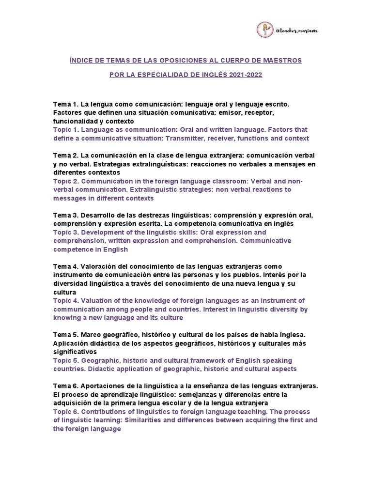Indice de Temas Ingles | PDF | Comunicación | Aprendizaje