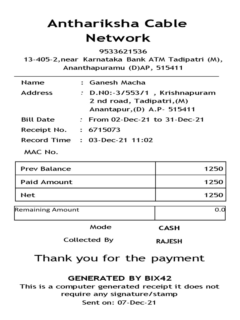Anthariksha Cable Network: Thank You For The Payment | PDF