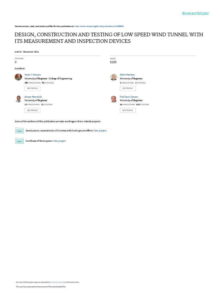 Design, Construction and Testing of Low Speed Wind Tunnel With Its ...