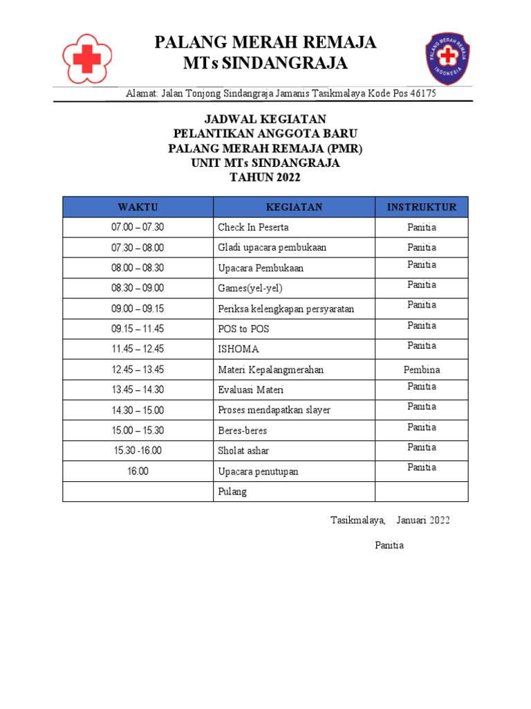 Jadwal Kegiatan Pelantikan PMR | PDF