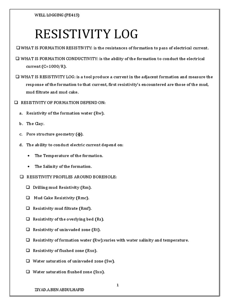 Resistivity Log: Well Logging (Pe413) | PDF | Electrical Resistivity And Conductivity | Porosity