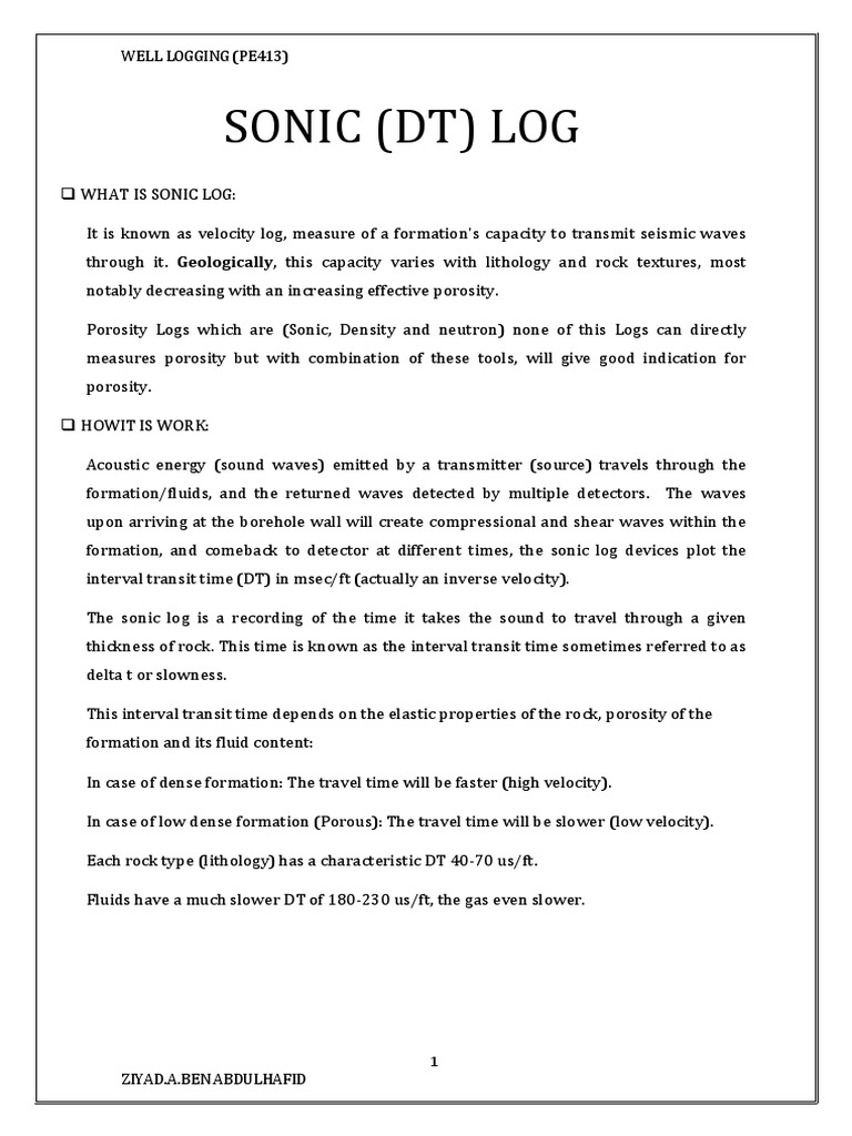 Sonic (DT) Log: Well Logging (Pe413) | Download Free PDF | Geology ...