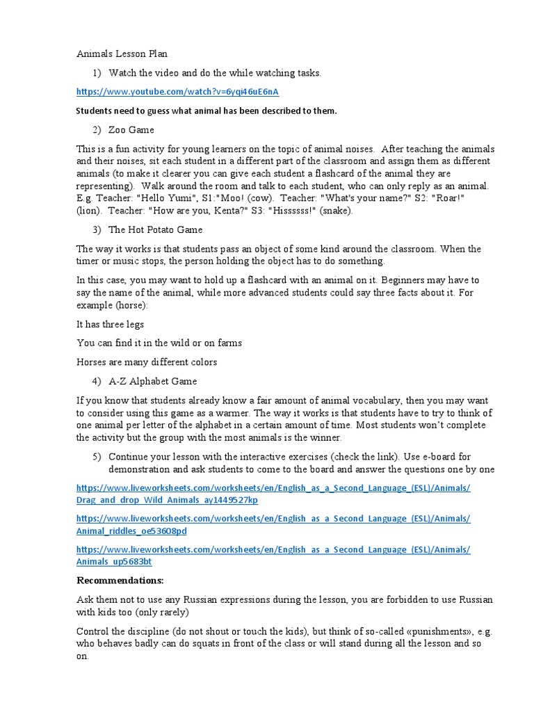 Animals Lesson Plan 1st Grade | PDF | Lesson Plan | Teachers