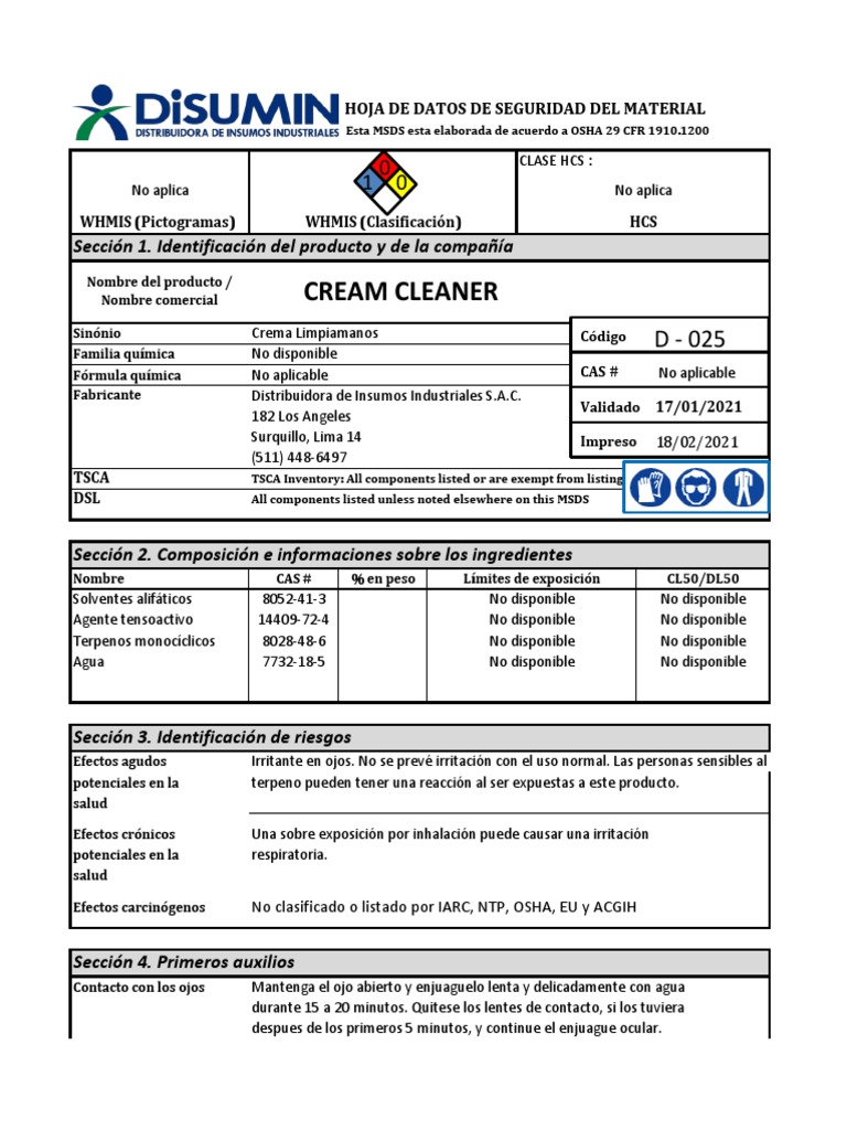 Msds Cream Cleaner | PDF | Agua | Ciencias fisicas