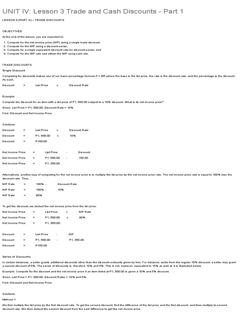 UNIT IV: Lesson 3 Trade and Cash Discounts - Part 1 | PDF | Discounting ...