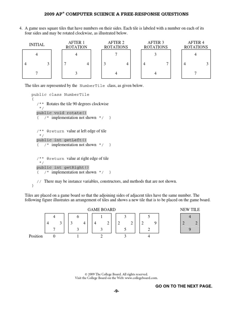 2009 AP Computer Science A Free-Response Questions: Go On To The Next ...