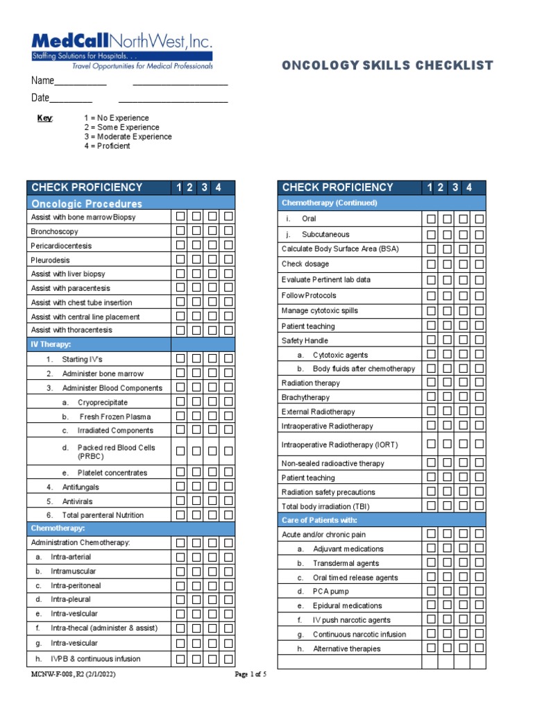 Oncology Skills Checklist: Name - Date | Download Free PDF | Radiation ...
