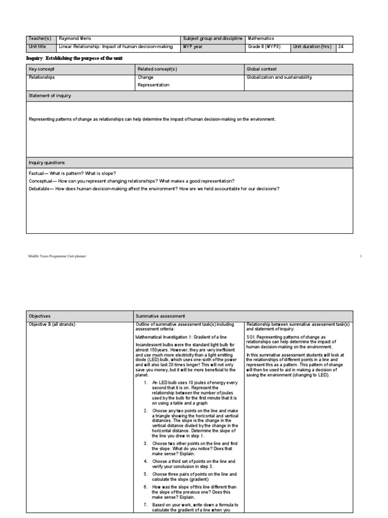 8th Grade MYP Math: Linear Relationships | PDF | Inquiry Based Learning ...