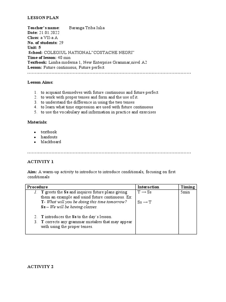 LESSON PLAN Clasa 7-A A Baranga Triba Iulia | PDF | Pedagogy ...