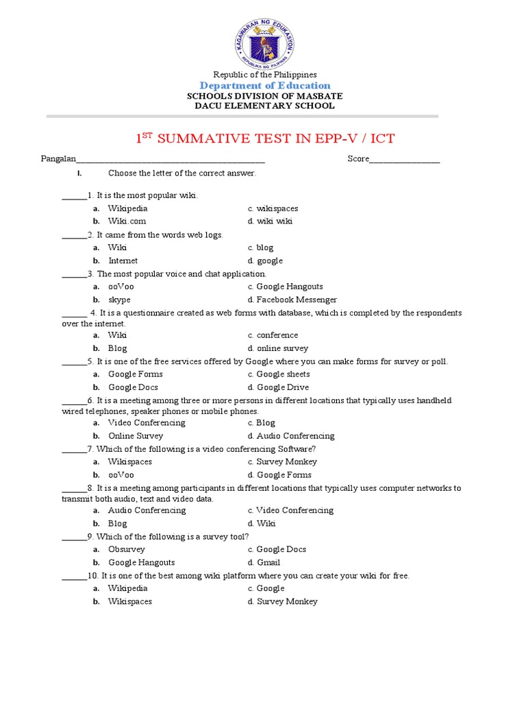 Epp - Ict6 Summative Test 1 | PDF | Internet | Wiki