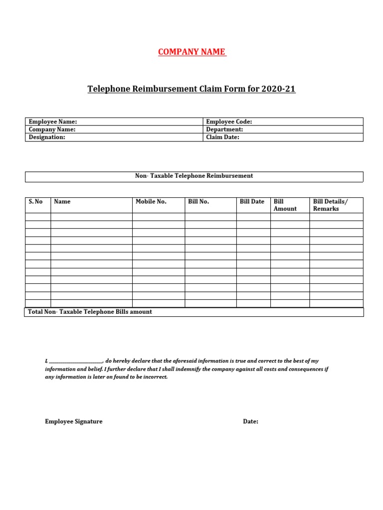 Telephone Reimbursement Claim Form | PDF