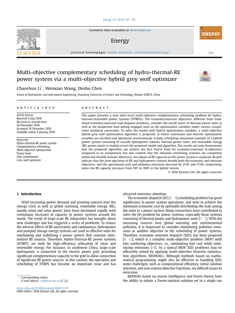 Multi-Objective Complementary Scheduling of hydro-thermal-RE Power System Via A Multi-Objective ...
