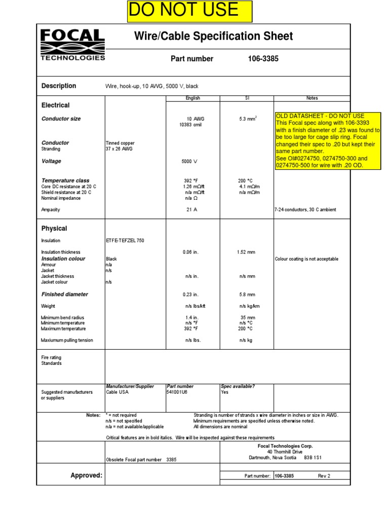 Wire/Cable Specification Sheet: Part Number 106-3385 | PDF | Wire ...
