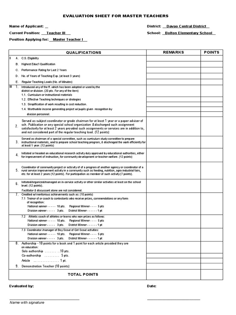 Qualifications Remarks Points: Evaluation Sheet For Master Teachers ...