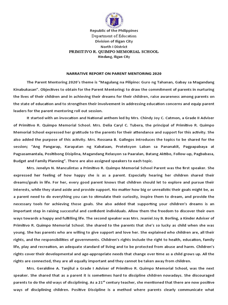 Narrative Report On Parent Mentoring 2020: Primitivo R. Quimpo Memorial ...
