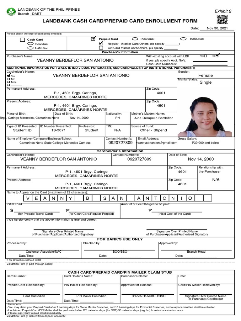 Landbank Cash Card/Prepaid Card Enrollment Form: Veanny Berdeflor San ... Landbank Cash Card/Prepaid Card Enrollment Form: Veanny Berdeflor San ...
