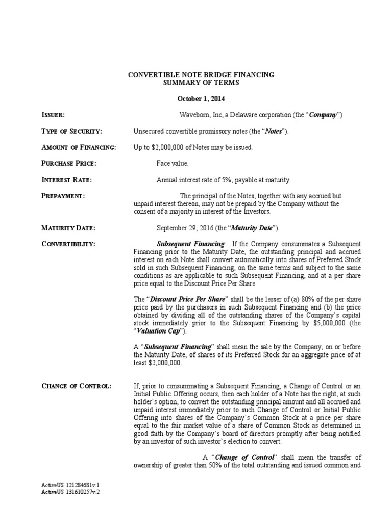 Waveborn - Convertible Note Term Sheet | PDF | Stocks | Interest