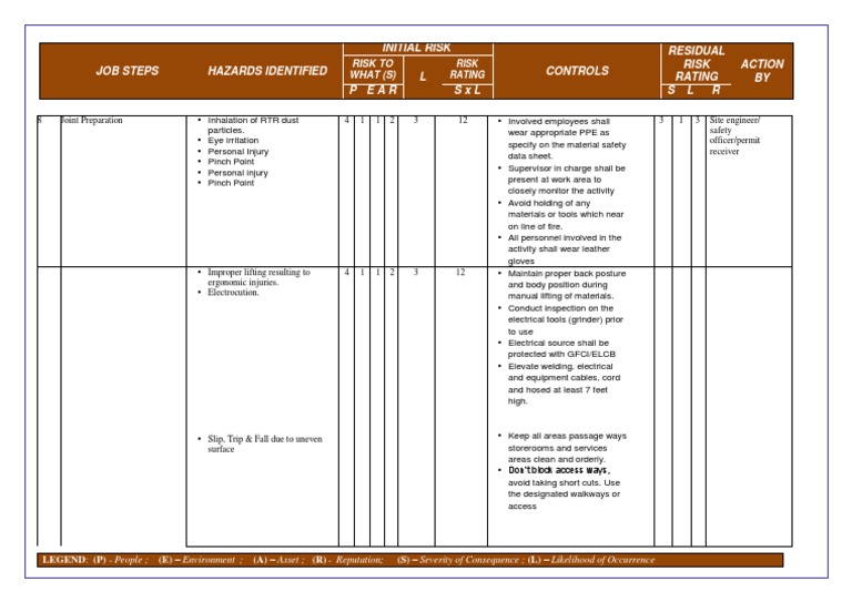 Initial Risk Controls Residual Risk Rating Action by L P Ear SXL S L R ...