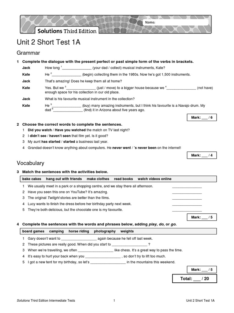 Unit 2 Short Test 1A: Grammar | PDF | Linguistics | Language Mechanics
